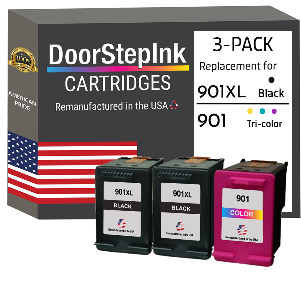 DoorStepInk Brand for HP 901XL 2 Black / 901 1 Tri-Color 3-Pack Remanu